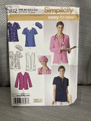 Simplicity 3932 Womens 10-12-14-16-18 Uniform SCRUB TOPS Jacket Vest ...