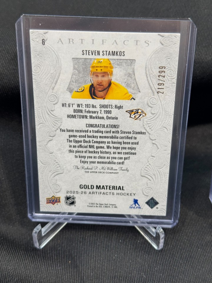 STEVEN STAMKOS 2025-26 UPPER DECK ARTIFACTS GAME USED JERSEY GOLD #/299 ...
