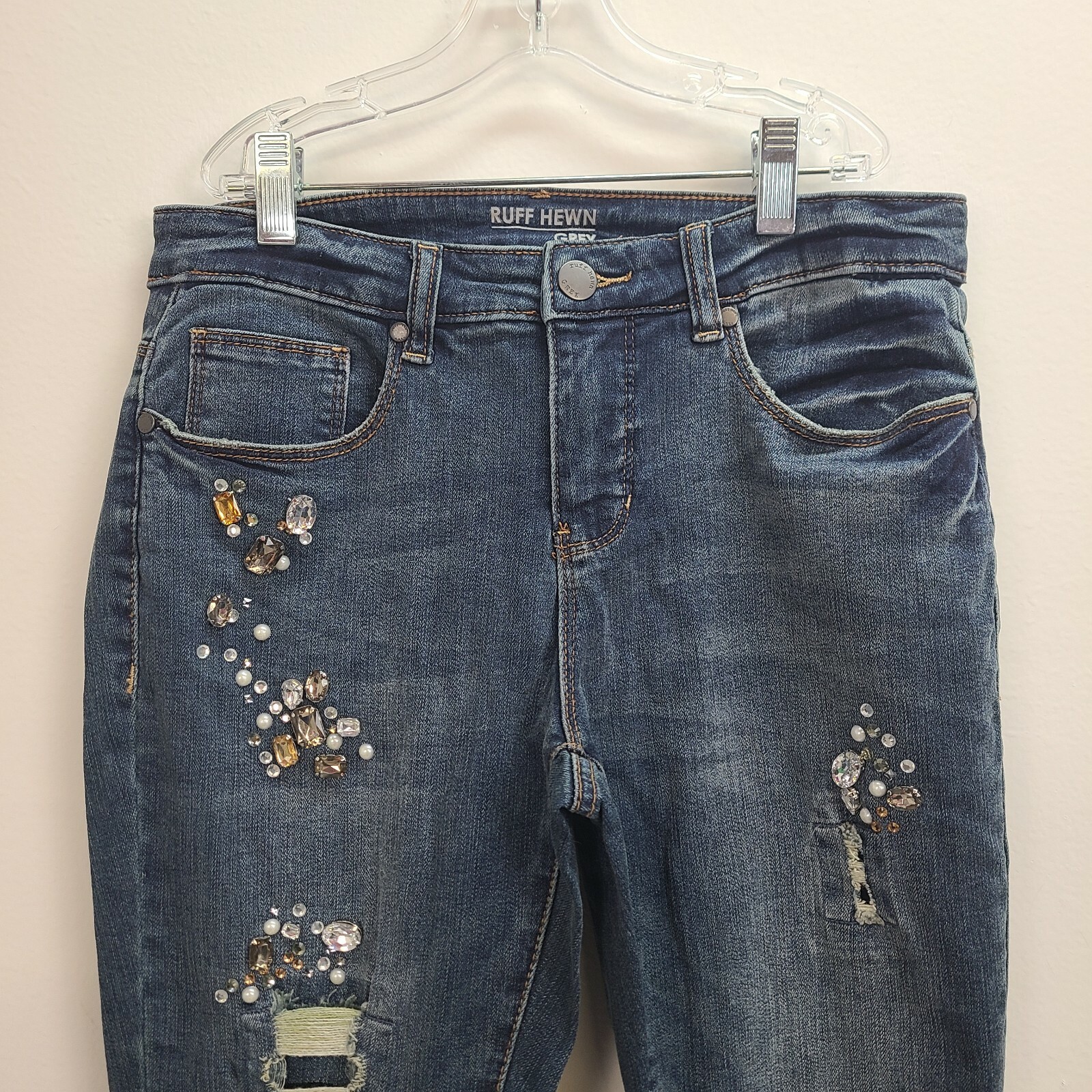 Ruff Hewn Jeans Women 4 Blue Distressed Bling Raw Hem Stretch Denim | eBay