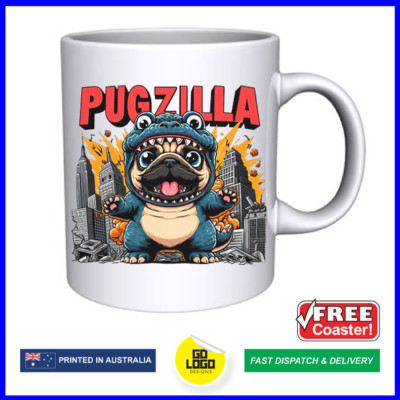 Funny Coffee Mug PUGZILLA Cute Pug Dog Puppy Mum Dad Cool Movie ...