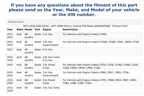 2011-2018 AUDI A8 D4 - LEFT 400W Electric Cooling FAN Blade 4H0959455AB ...