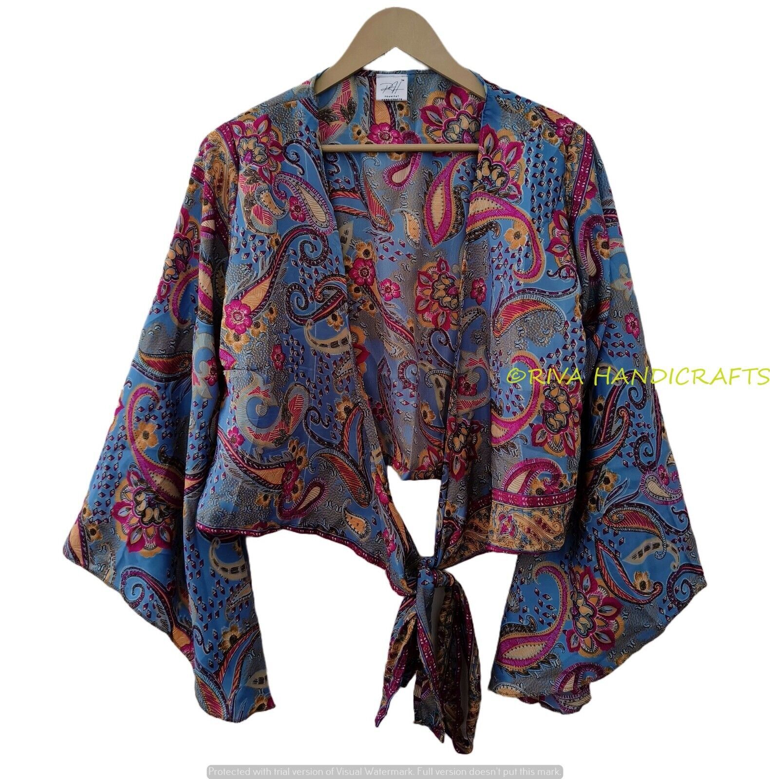 Indio Vintage Seda Sari Handmande Azul 60's Retro Verano Campana Manga ...