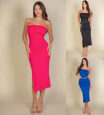 Women's Split Hem Tube Top Bodycon Strapless Stretch Sleeveless Midi ...