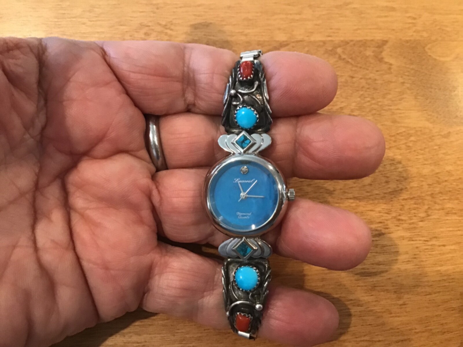 LUCORAL DIAMOND WATCH STERLING TURQUOISE CORAL WATCH BAND NEW BATTERY ...