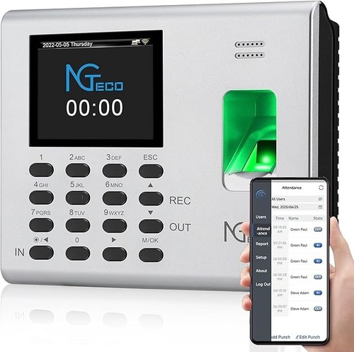 NGTeco 2-in-1 Fingerprint Time Clock Auto Punch WiFi App Sync No ...