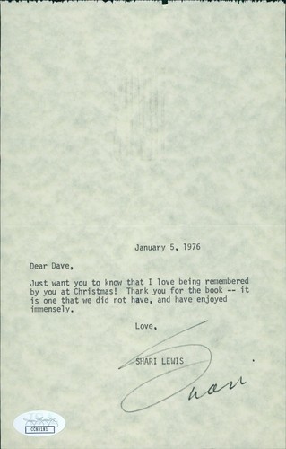 Shari Lewis Signed 5.5x8.5 Typed Personal Note To David Tebet JSA ...