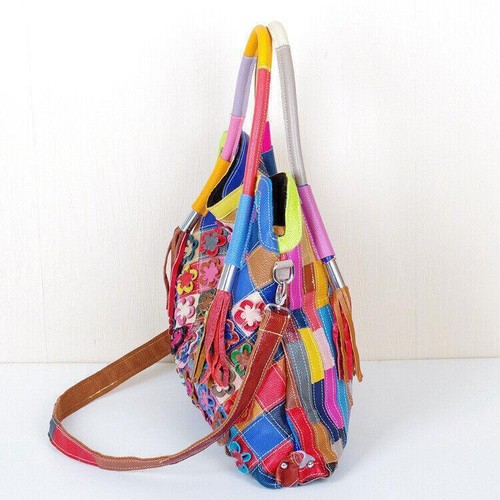 100% Genuine Leather Colorful Floral Patchwork Handbag Women's Tote Shoulder Bag | eBay
