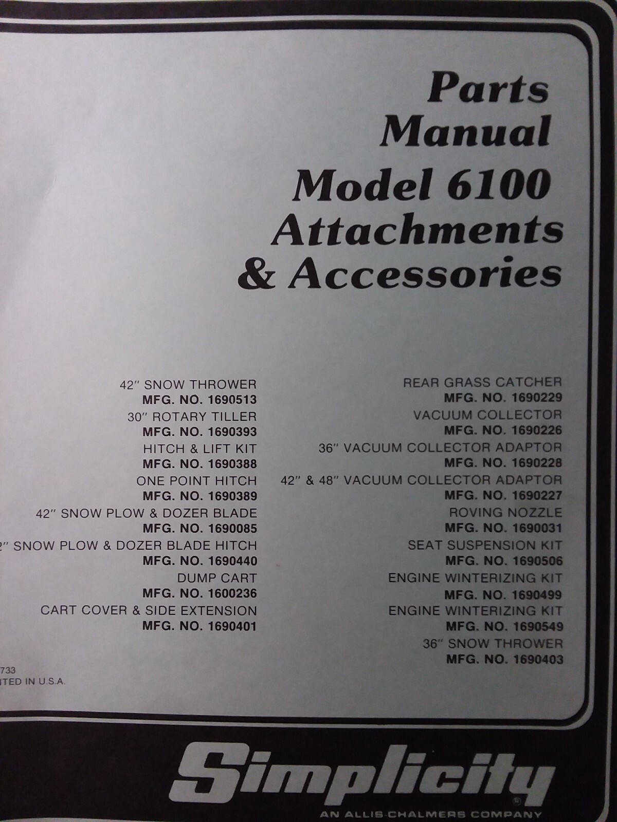 Simplicity 6111 6108 6116 Lawn Tractor Implement Attachment Parts ...