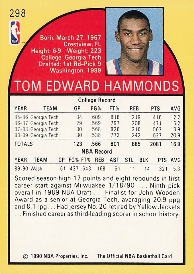 Tom Hammonds ERROR Rookie NBA Hoops 1990 Basketball Card #298 | eBay