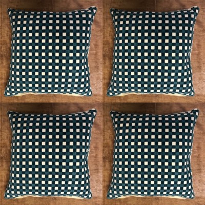 4x Teal Beige Cream Check Cushion Cover Checked Design Chenille & Faux ...