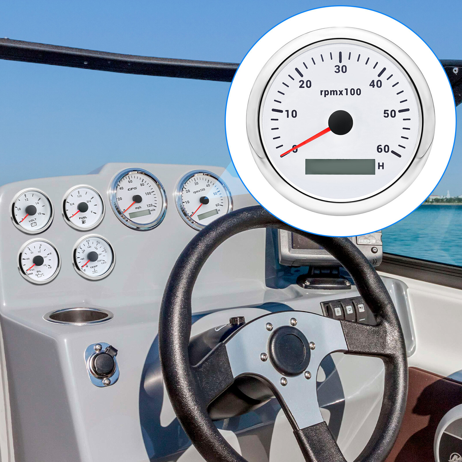 85mm Boat Tachometer Gauge 0-6000RPM 7 Colors LED Hourmeter For Marine ...