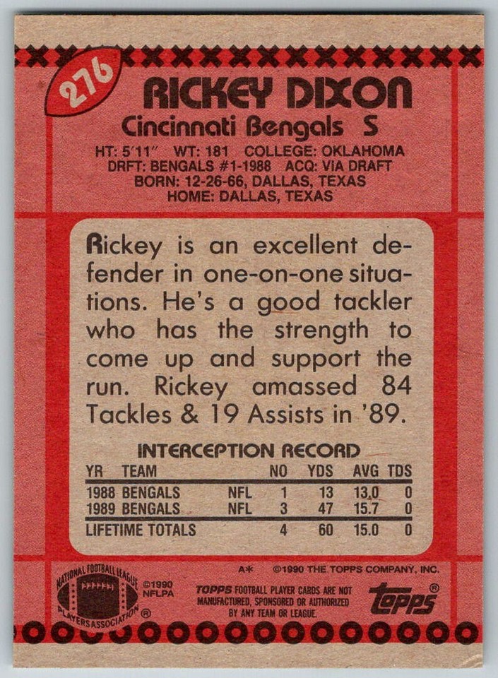 1990 Topps Football Card Rickey Dixon #276 Cincinnati Bengals | eBay