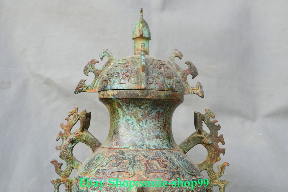 13.3"Old China Dynasty Bronze Ware Fengshui Dragon Beast Twin Ear ...