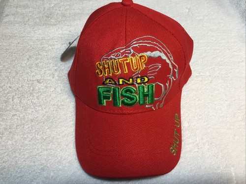 “Shut Up And Fish” Red Embroidered Fishing Cap Hat One Size Adjustable ...
