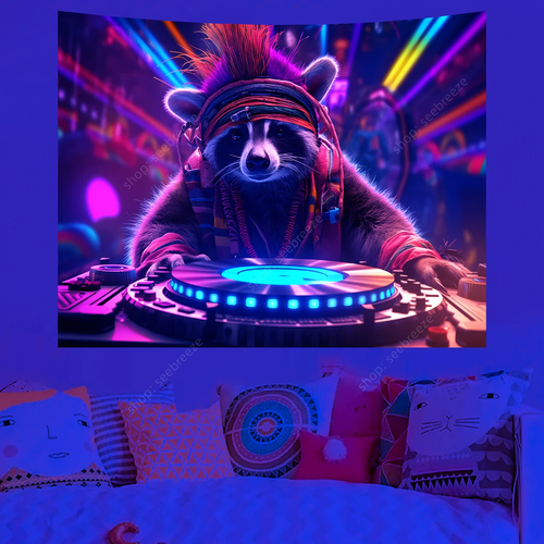 Hippie Mohawk Raccoon DJ Music UV Reactive Tapestry Animal Wall Blanket ...