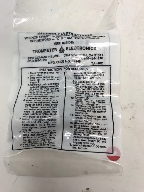 Trompeter Electronics Tai-102 Wrench Crimp 70 Series Twinax Connectors ...