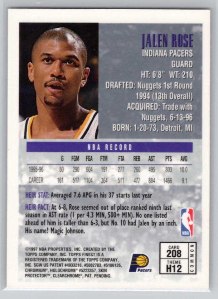 1996 FINEST #208 JALEN ROSE INDIANA PACERS | eBay