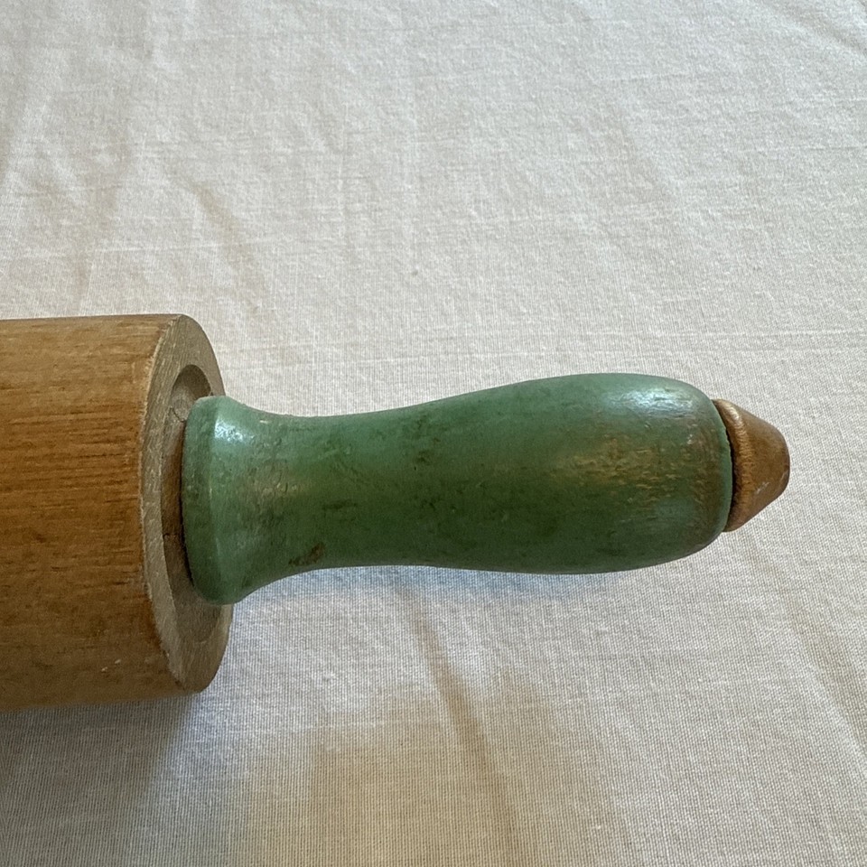Vintage Wood Rolling Pin With Green Handles. Farmhouse, Retro Rustic | eBay