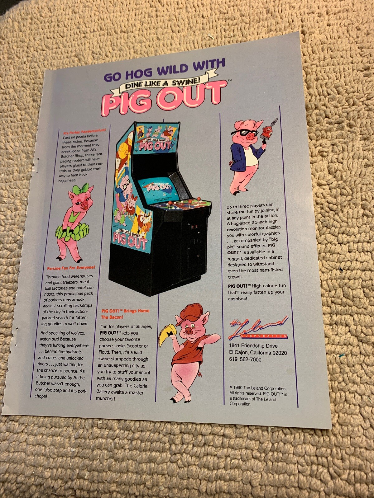original 1990 AD 11- 8 1/4” pig out leland ARCADE VIDEO GAME FLYER | eBay