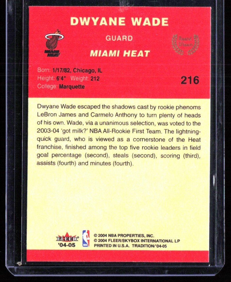 2004-05 Fleer Tradition Dwyane Wade Award Winner #216 Miami Heat 2nd ...