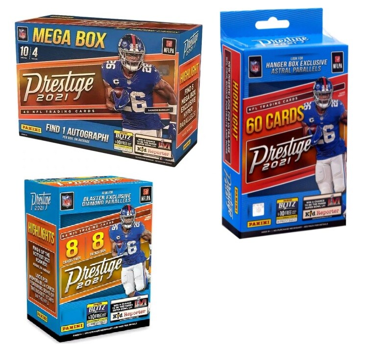 21 PRESTIGE NFL Bundle - 1 MEGA BOX + 1 Blaster Box + 1 Hanger Box ...
