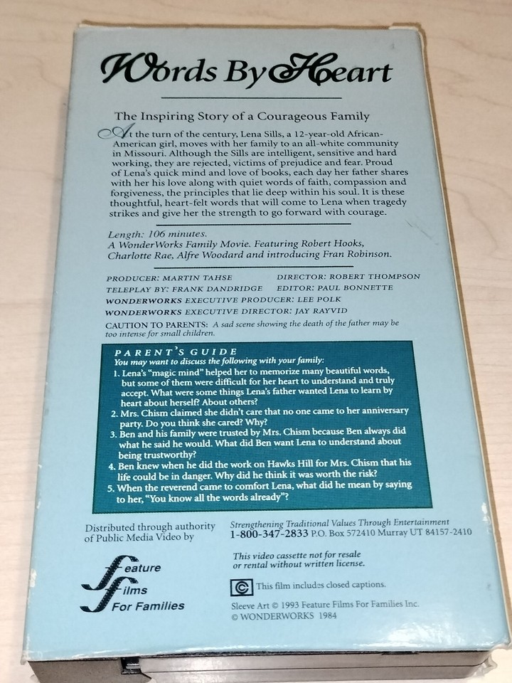 Words By Heart 1984 Film 1993 VHS Release Feature Films For Families | eBay