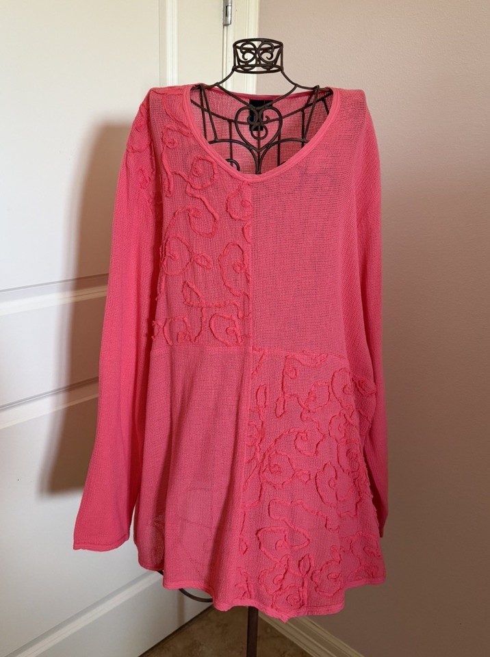 Focus Casual Life Pink Gauze Tunic Sz Large Textured Embroidery Long ...