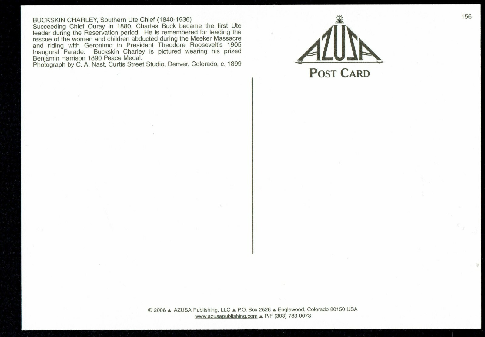 ⫸ 949 Postcard BUCKSKIN CHARLEY, Southern Ute Chief – 1899 Photo C. A ...