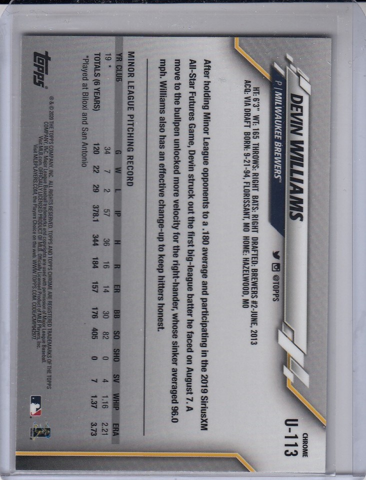 2020 Topps Chrome Update Sapphire Devin Williams Brewers ROY #U-113 RC ...