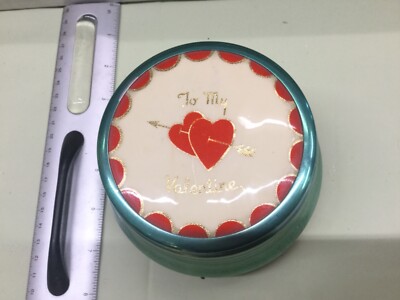 Vintage Di Alpen TO MY VALENTINE hearts music box blue metal jar shape ...