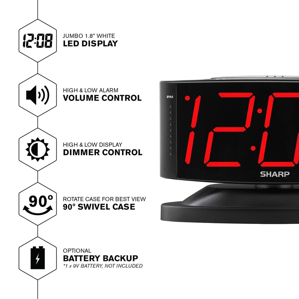 SHARP Home LED Digital Alarm Clock – Swivel Base - Outlet Powered ...