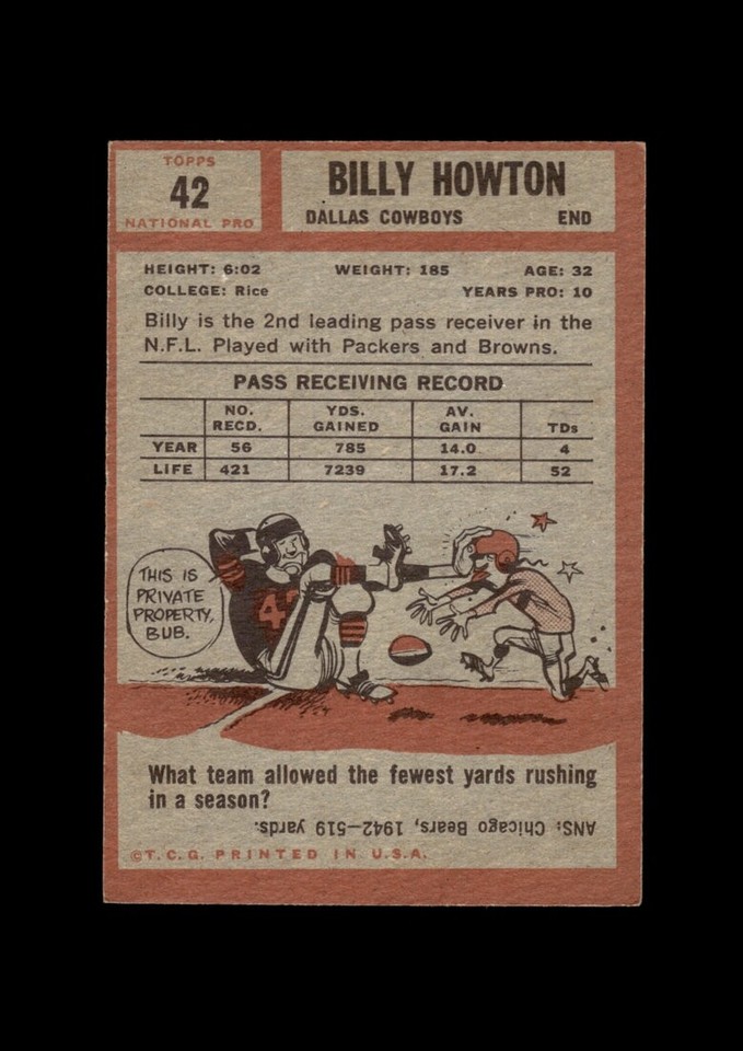 1962 Topps Set-Break # 42 Billy Howton EX-EXMINT *GMCARDS* | eBay