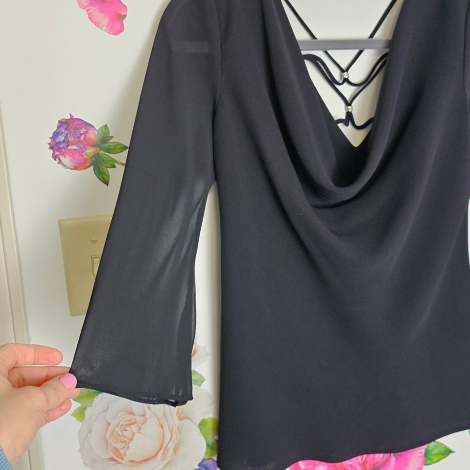 Black Dress Blouse Dressy Drape Front Open Back Flow Chiffon Vintage ...