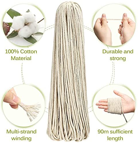 5mm * 295ft Macrame Cord Natural Cotton Rope 8 Strand Braided Cotton ...