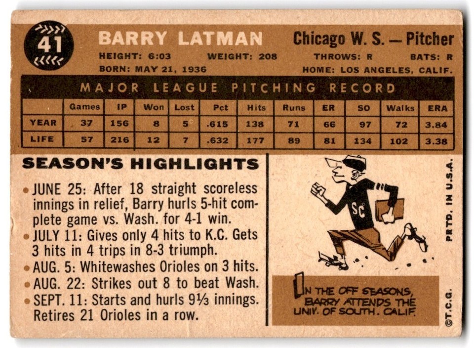 1960 Topps Barry Latman Chicago White Sox #41 | eBay