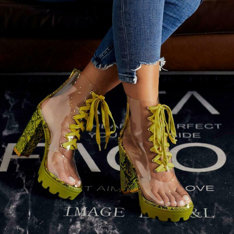 PVC Sandals Women Shoe Round Toe Platform High Heels Ankle Boots Lace ...
