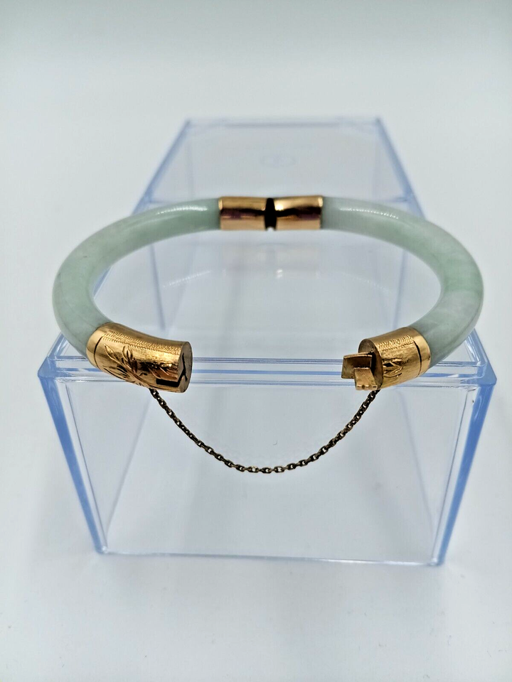 14kt Gold Floral Almost Tranlucent Sea Foam Green Estate Jade Bangle 7 ...