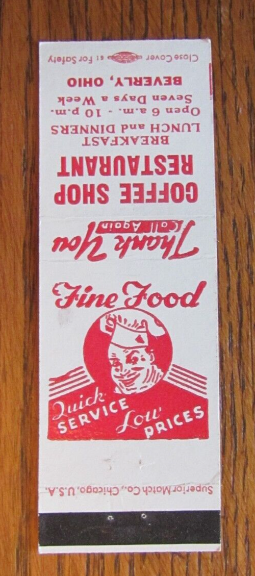 BEVERLY, OHIO MATCHBOOK COVER: COFFEE SHOP RESTAURANT 1950s EMPTY ...