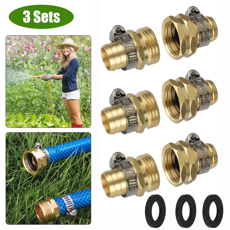 Garden Brass Mender End Repair Kit Hose 3/4" Male Female 3 Pack Quick ...