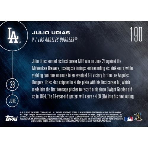2016 Topps Now #190 Julio Urias Dodgers RC 6/28/16 Print Run #872 FREE ...