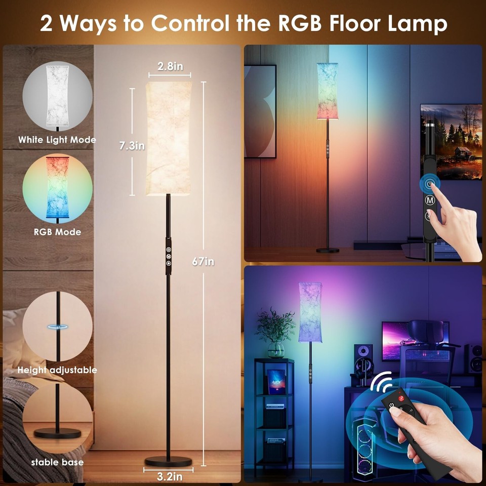 RGB Corner Floor Lamp - 67” Modern Tall Standing LED Light with Remote ...