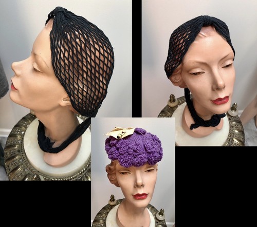 VTG 1940s BLACK WEB-OPEN KNIT SNOOD & Hand-Made Purple Knit HAT ...