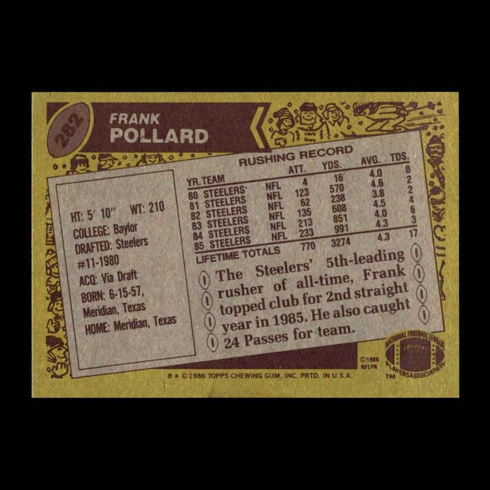 Frank Pollard 1986 Topps Pittsburgh Steelers #282 R326H 57 | eBay