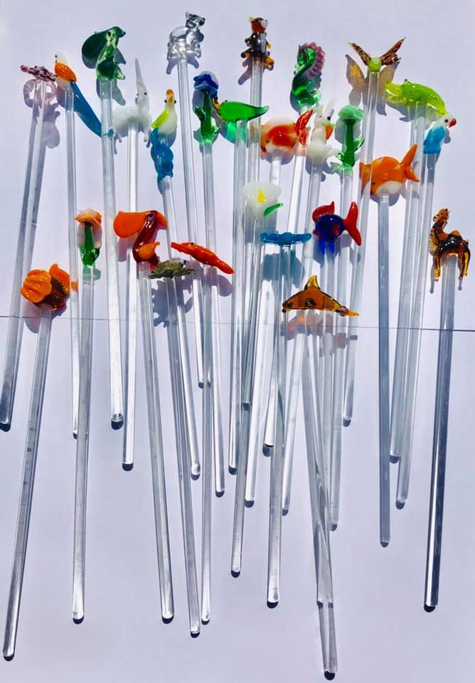 18 Assorted Set Glass Swizzle Sticks Stir Cocktail Stirrers Blown Glass ...