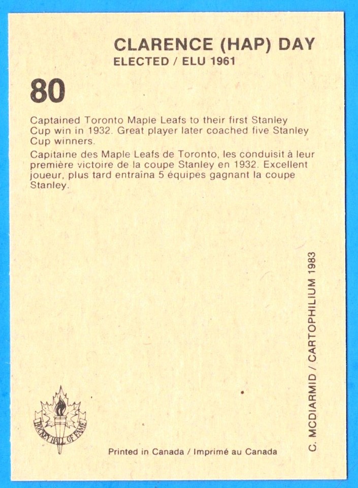 Hap Day 1985 Cartophilium Hockey Hall of Fame #80 (ex-mt) Toronto Maple ...