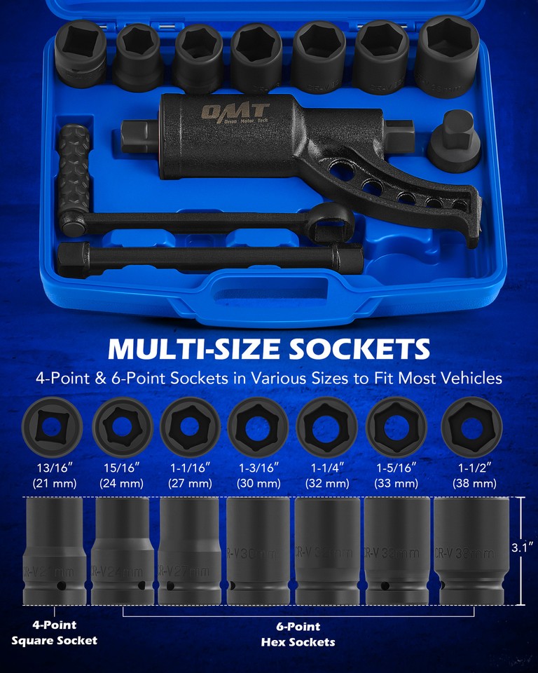 OMT Heavy Duty Torque Multiplier 1 Inch Drive Lug Nut Wrench Set with 8 ...