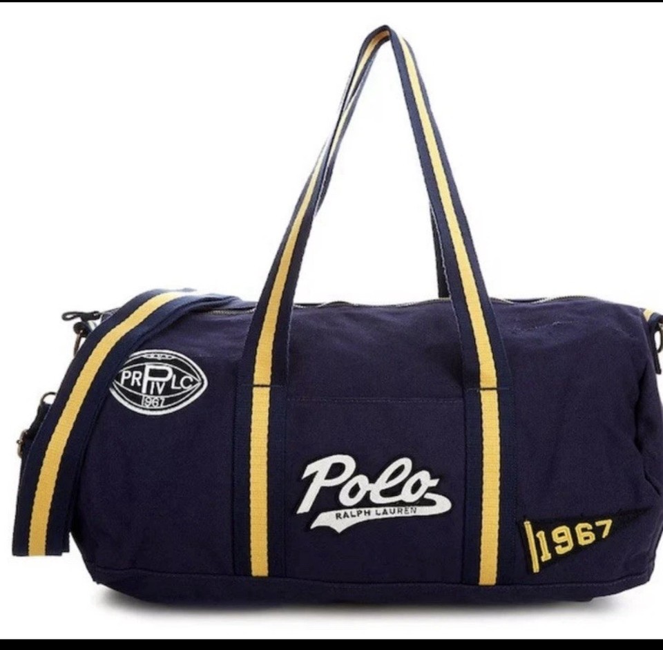 Polo Ralph Lauren Logo Patches port Navy Blue Varsity Canvas Duffel Bag ...