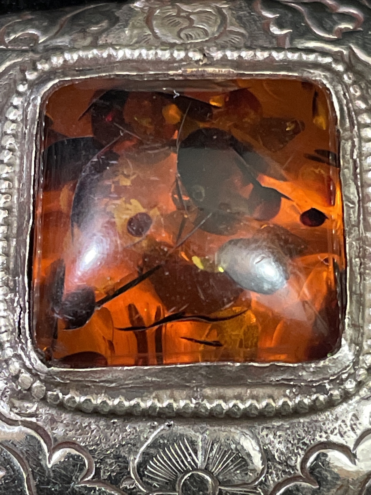 Tibetan Large Amber Pendant Set in Heavily Engraved Front & Back Silver ...