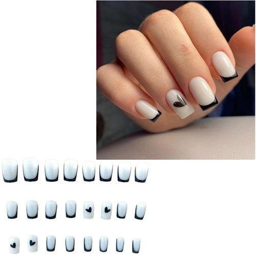 24pcs Black Line French Style False Nail Full Cover Nail Tips Women ...