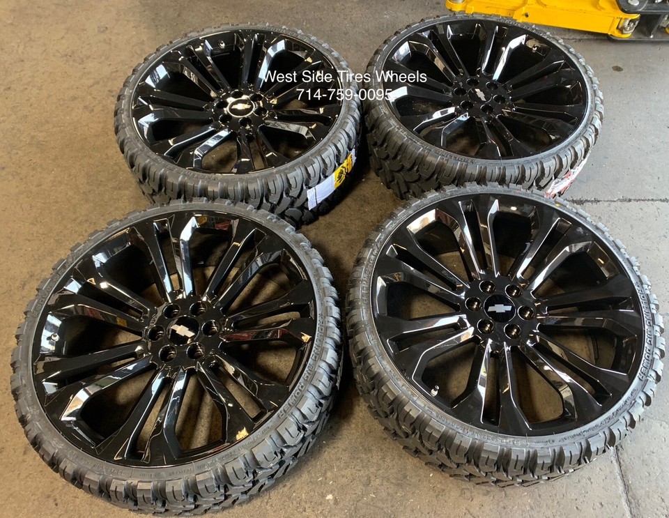 26" Chevy BLACK WHEELS GMC Sierra Yukon Silverado Tahoe 33" Mud MT ...